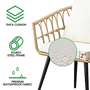 PORWEY 3 Piece Patio Bistro Set, Outdoor Wicker Apartment Balcony Furniture Sets, Rattan Table and Chairs Set of 2 for Porch Backyard Lawn Poolside Deck, Beige