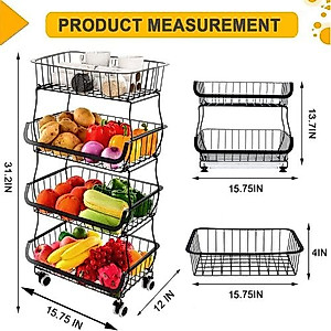 Fruit Vegetable Storage Basket for Kitchen - 4 Tier Stackable Metal Wire Baskets Cart with Rolling Wheels Utility Fruits Rack Produce Snack Organizer Bins