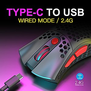 RAZEAK Wireless Gaming Mouse X33-10000 CPI - 2.4 G and USB C Wired Dual-Mode Gamer Mouse - Honeycomb Lightweight 6 Programmable Buttons Ergonomic RGB Mouse for PC/MAC/Xbox/PS5