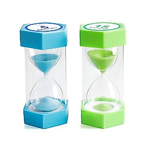 Sand Timer,XINBAOHONG Hourglass Sand Timer 5 Minutes 15 Minutes Timer Clock for Kids Games Classroom Home Office Kitchen Use (Pack of 2) (4.7''X 2.3'', 5 Min(Blue) and 15 Min(Green))