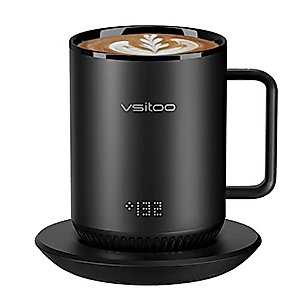 VSITOO S3 Temperature Control Smart Mug with Lid, Coffee Mug Warmer with Mug for Desk Home Office, App Controlled Heated Coffee Cup, Self Heating Coffee Mug 11 oz, Electric Mug-Black Inner Wall