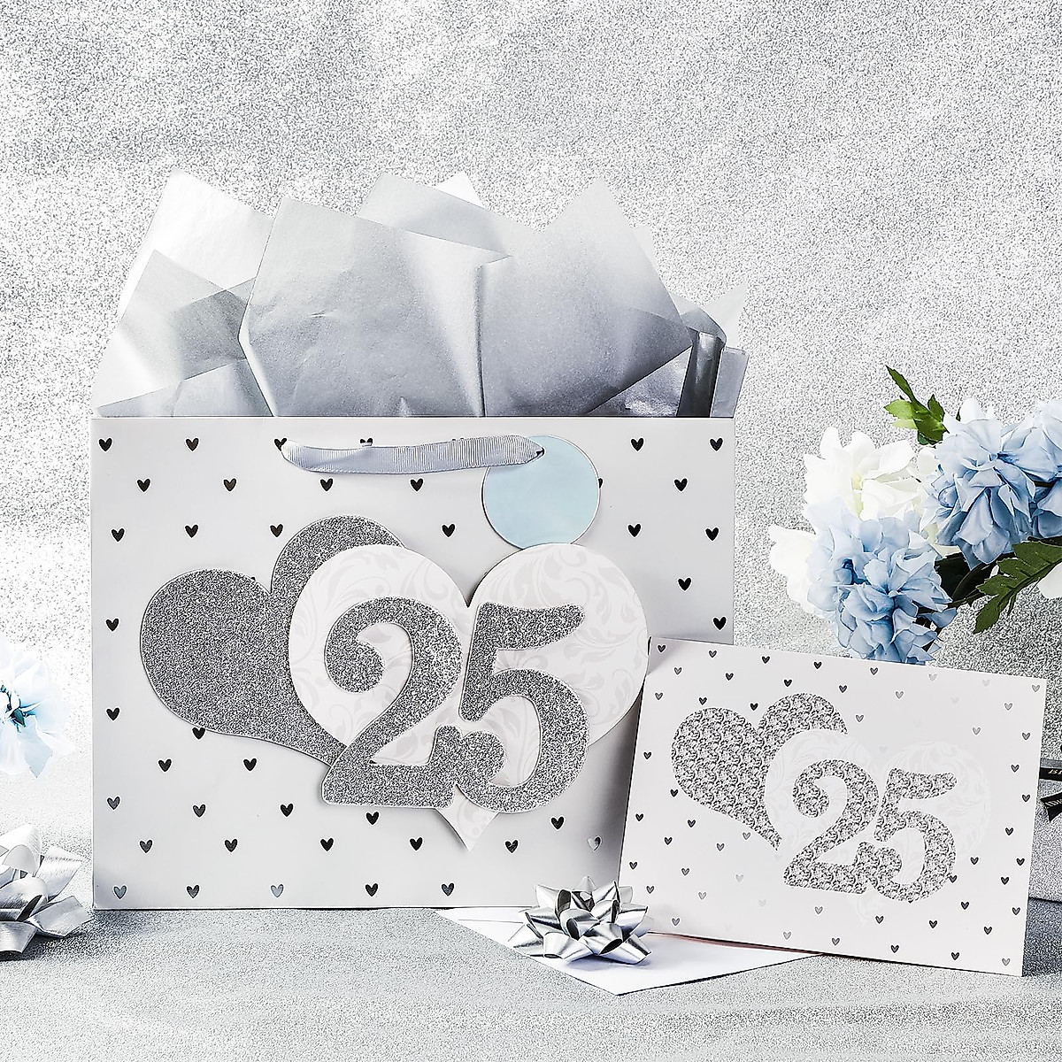 LeZakaa 13" Wedding Gift Bag, Silver Gift Bag with Tissue Paper, Gift Tag and Card - Number 25" with Heart 3D Paster for Silver Wedding Anniversary Celebrations