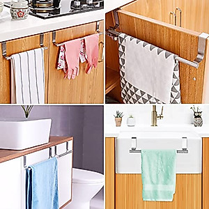 Over Cabinet Towel Bar with Hooks, 14 Inch Brushed Stainless Steel Over The Door Towels Rack for Home Bathroom Kitchen, Hang on Inside and Outside Cabinets or Doors, Holds Hand Dish Towels Washcloths
