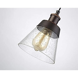 Fivess Lighting Rustic Glass Plug in Pendant Light with 15ft Cord, On/Off Switch, Handblown Clear Seeded Mini Hanging Fixture for Kitchen Island Sink Bar Farmhouse, Oil Rubbed Bronze (FSS3203-1P)