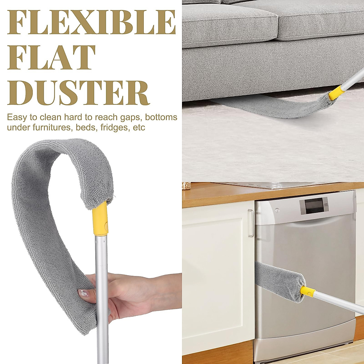 Retractable Gap Dust Cleaner with 71" Extension Long Handle, Under Fridge Cleaning Tool with 3 Washable Microfiber Dusting Cloths, Gap Dusters for Cleaning Under Appliance Refrigerator Furniture Couch