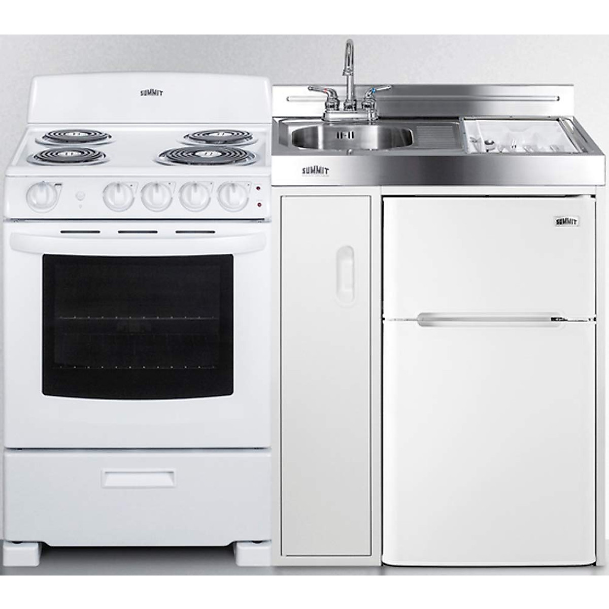 Summit Appliance ACK54COILW 54" Wide All-in-One Kitchenette with 220V 4-Element Electric Coil Range, Refrigerator-Freezer, Sink, Cutting Board and Cutlery Storage, and a Storage Cabinet