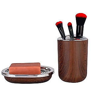 Bathroom Accessories Set 6 Piece Plastic Bath Ensemble Soap Dispenser Toothbrush Holder, Tumbler Soap Dish Soap Saver Trash Can Toilet Brush Holder Decorative Countertop Bathroom Accessoy Set (Brown)