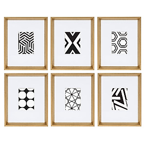 Kate and Laurel Calter 6 Framed Modern Black and White Geometric Abstract Art Prints, Gold