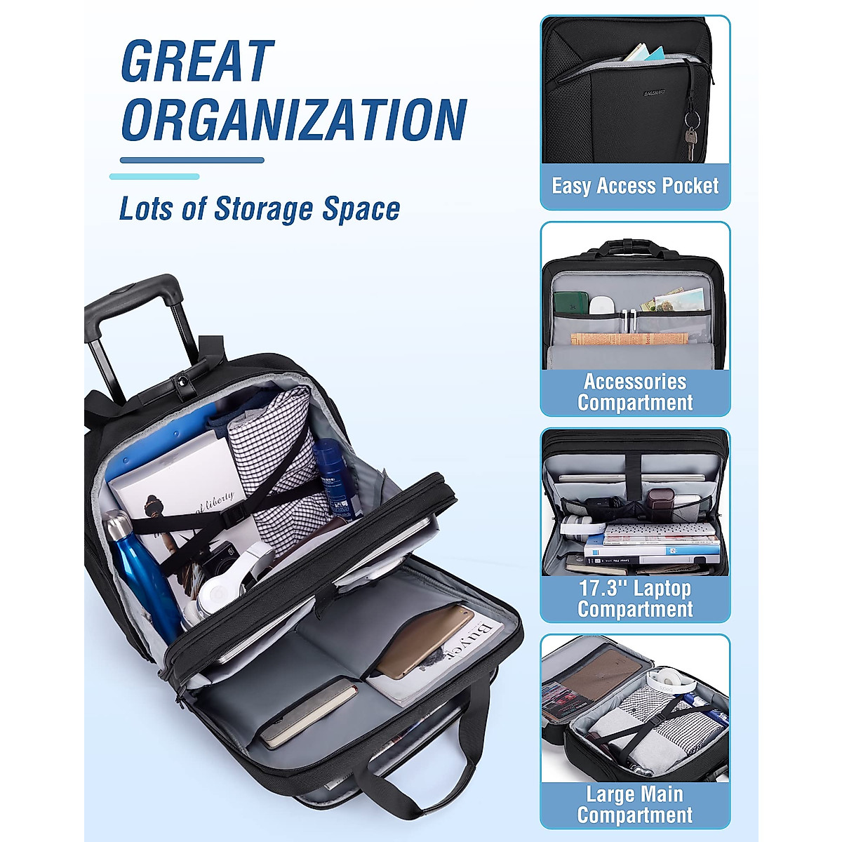 BAGSMART Rolling Laptop Bag, 17.3 Inch Rolling Briefcase with Wheels for Men Women,Large Rolling Computer Bag for Work Travel Business,Black