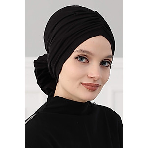 Aisha's Design Instant Turban Head Wraps For Women, 95% Cotton Pretied Hijab Scarves, Rose Detail, Black