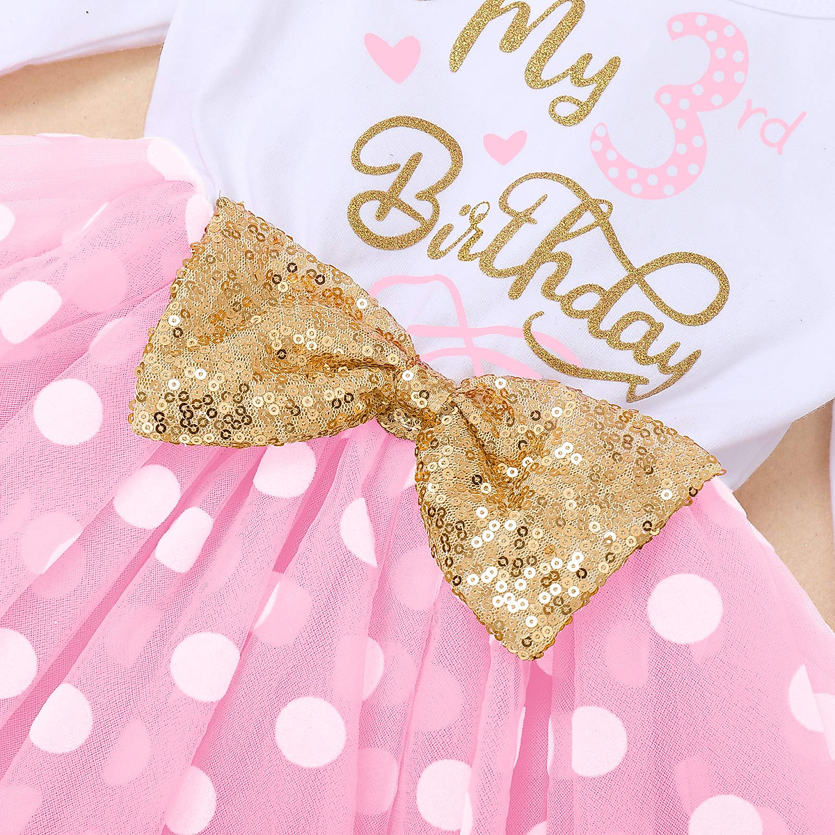 Winter Birthday Outfit Girl My Third Birthday Mini Dress Up Cake Smash Outfit Toddler Baby Tulle Tutu Skirt Long Sleeve Mouse 3rd Birthday Party Supply Three Years Old Photo Props Polka Dots Pink