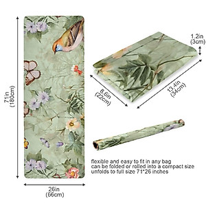 GOODOLD Flower and Bird Green Yoga Mat, 71 x 26 Inch Non-slip Yoga Mats Folding Travel Exercise Mat Indoor Outdoor Gym Pilates with Storage Bag for Women Men