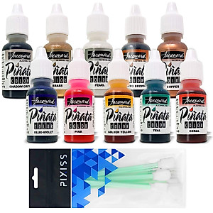 Jacquard Pinata 10 Color Bundle Alcohol Ink New 2019 Colors Golden Yellow, Pink, Coral, Blue Violet, Teal, Copper, Brass, Pearl, Shadow Grey, Burro Brown, with 10X Pixiss Blending Tools