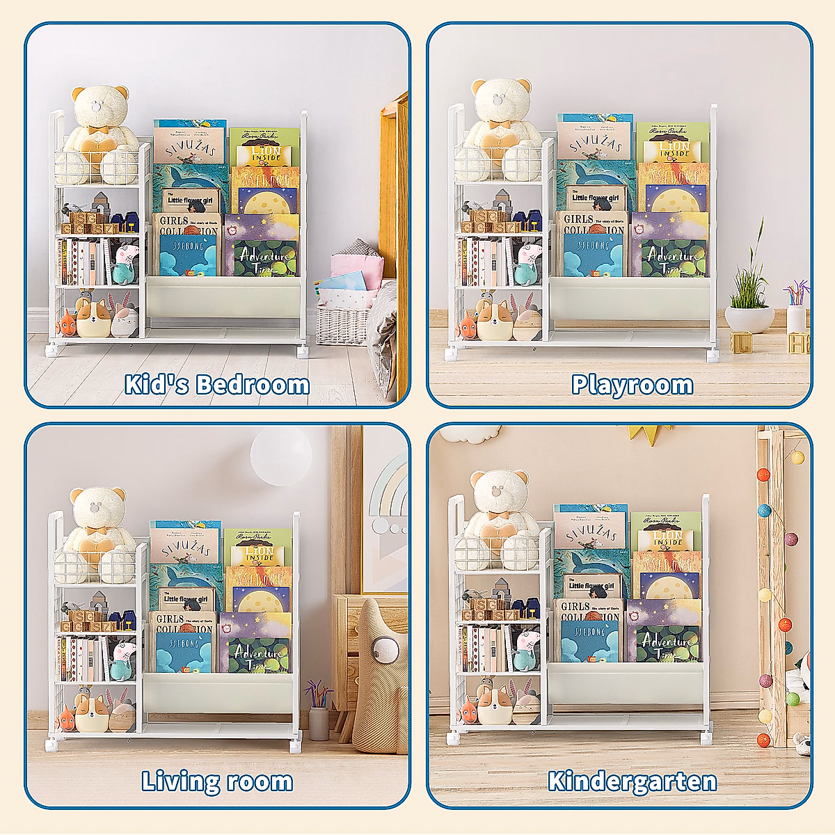 Livilord Kids Bookshelf and Toy Organizer, 3 Tier Bookshelf for Kids, Large Capacity Removable Book Shelf for Kids Rooms, Bedroom, Playroom, Nursery, Metal Toy Storage Organizer with Bookshelf, White