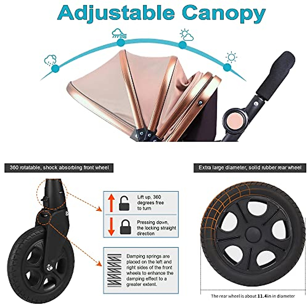 Cynebaby Baby Stroller, Convertible Bassinet Stroller for Newborn Infant Lightweight Pram Strollers with Snack Tray… (Gold)