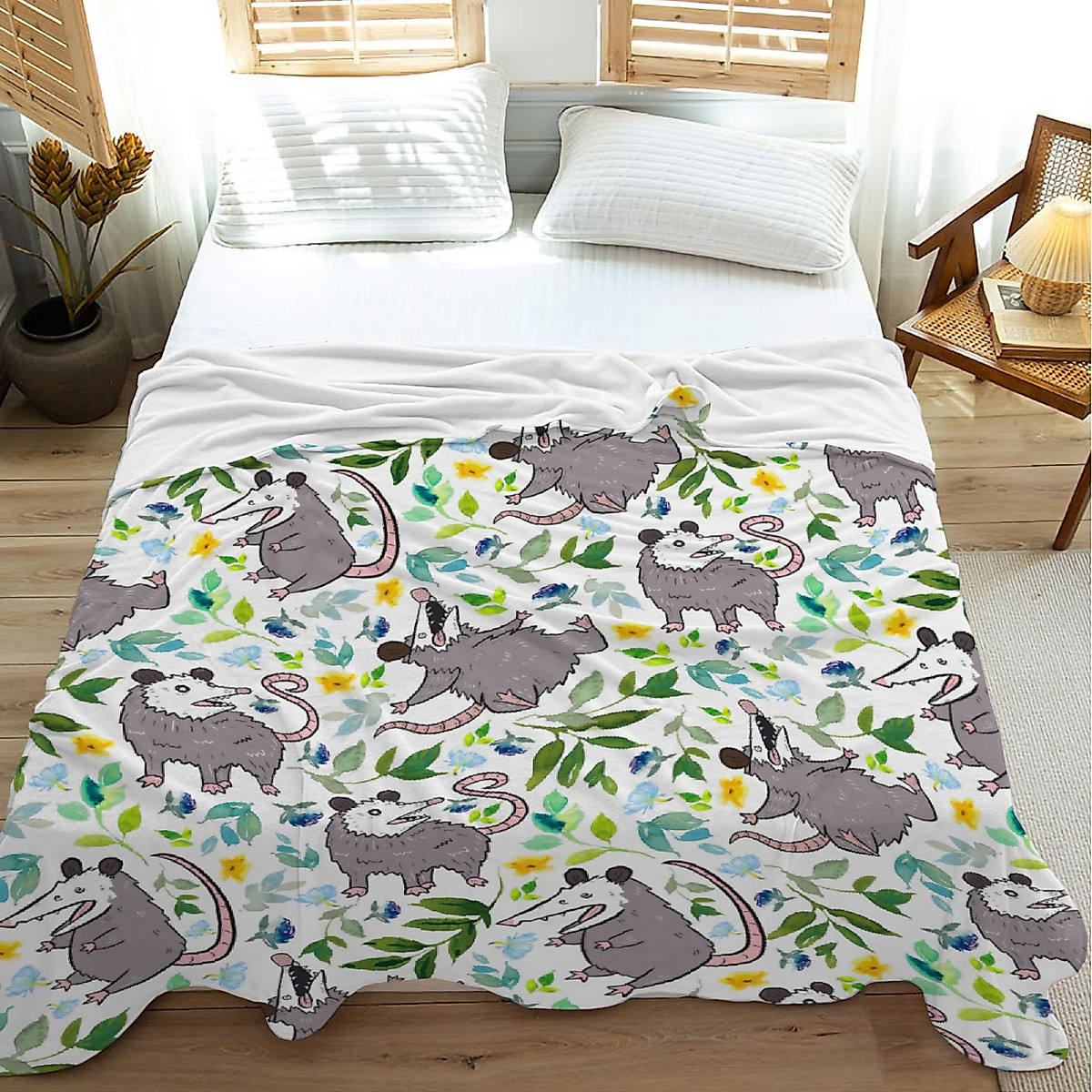 Opossum Blanket Floral Possum Throw Blanket Gifts for Girls Boys Kids Possum Stuffed Animal Lovers Super Soft Flannel Blanket for Sofa Plush Warm Cozy Bed Home Decor,30"x40"for Baby/Pets