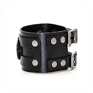 Nsitbbuery Hip Hop Jewelry Metal Cross Disc Belt Buckle Bracelet Wide Leather Wristband Bracelet(Black)
