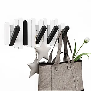 CHAGOL Coat Rack Wall Mount Wood Wooden with 5 Flip-Down Hooks for Entryway Wooden Coat Rack Space-Saving Coat Hanger (Black and White)