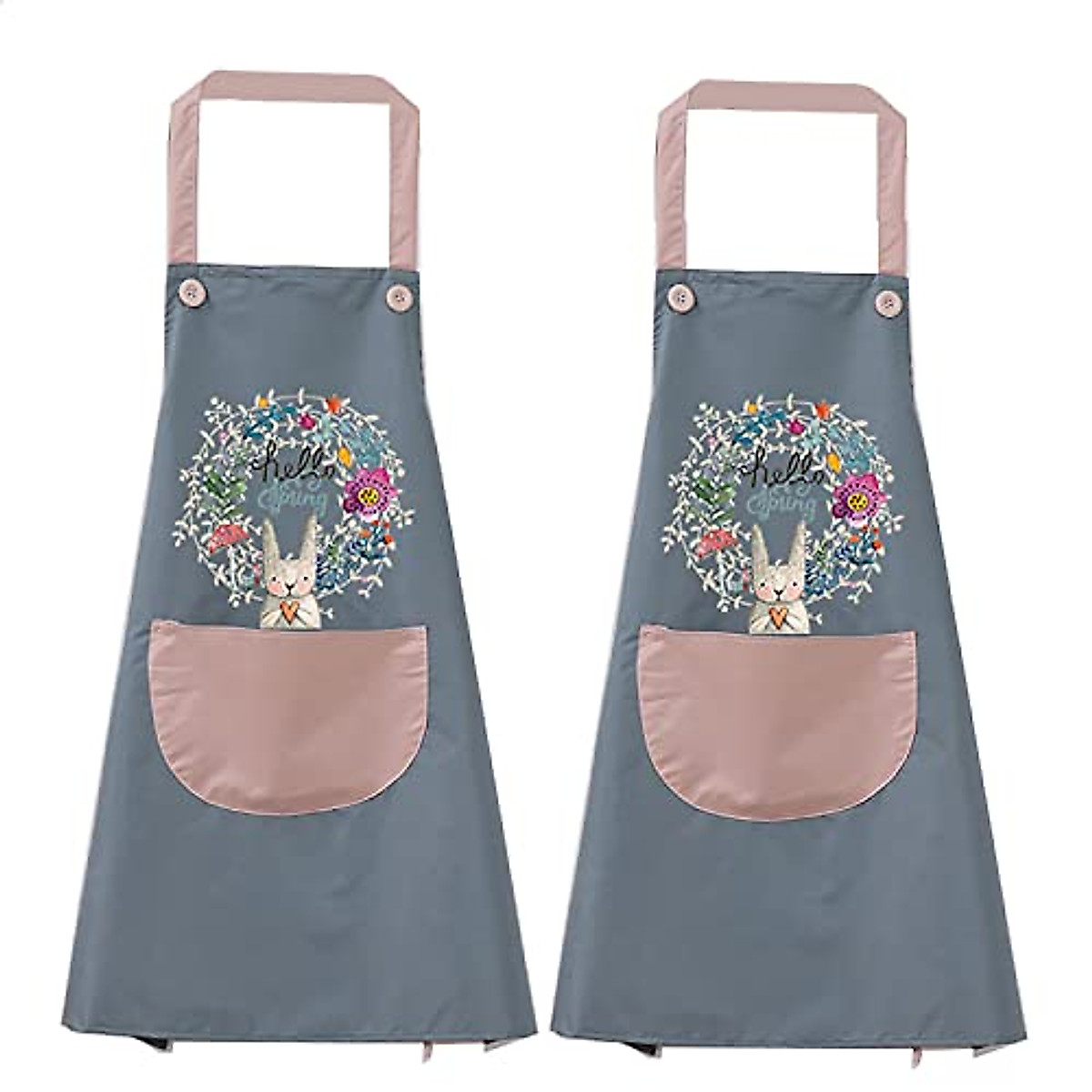 OBEKANN 2 Pack Kitchen Apron for women with Pockets, Unisex Cooking Chef Apron Waterproof, Aprons for Cooking Painting Housework Best Gift for Housewarming Holidays, Easter Bunny Wreath Blue