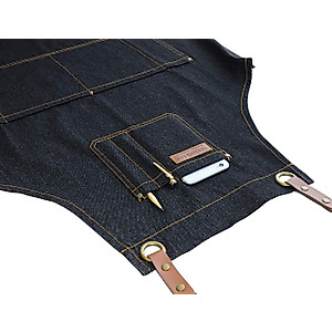 DingSay Trendy Professional Black Denim Apron with Pockets for Chef Cooking Kitchen Grill BBQ Hairstylist Painting, Mens Womens Apron with Leather Cross Back Straps