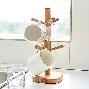 Hooshion Wooden Mug Rack Holder Stand, Coffee Mug Holder Stand, Mug Tree Holder with 6 Hooks Cups Organizer Cups Dryer for Tea Cup Coffee Cup Mug