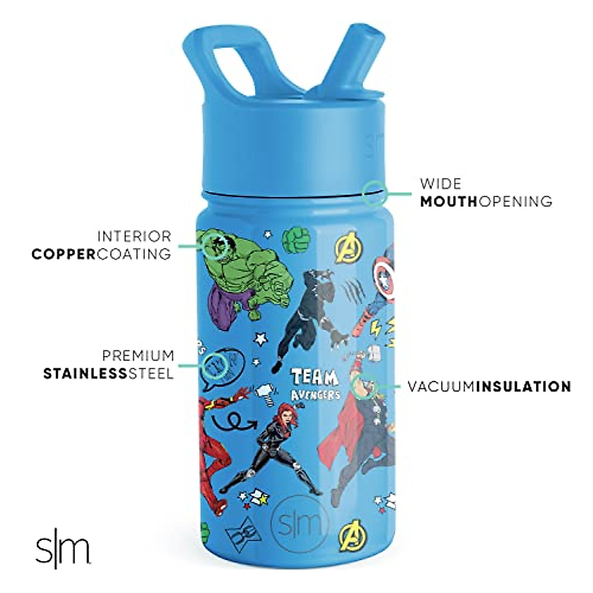 Simple Modern Marvel Avengers Kids Water Bottle with Straw Lid | Insulated Stainless Steel Reusable Tumbler Gifts for School, Toddlers, Girls, Boys | Summit Collection | 14oz, Avengers Heroes
