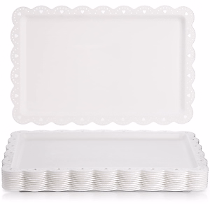 Peohud 12 Pack White Plastic Serving Tray with Lace Rim, Rectangle Food Trays, Disposable Serving Platters and Trays for Party, Wedding, Restaurant, 14.4" x 9.3"