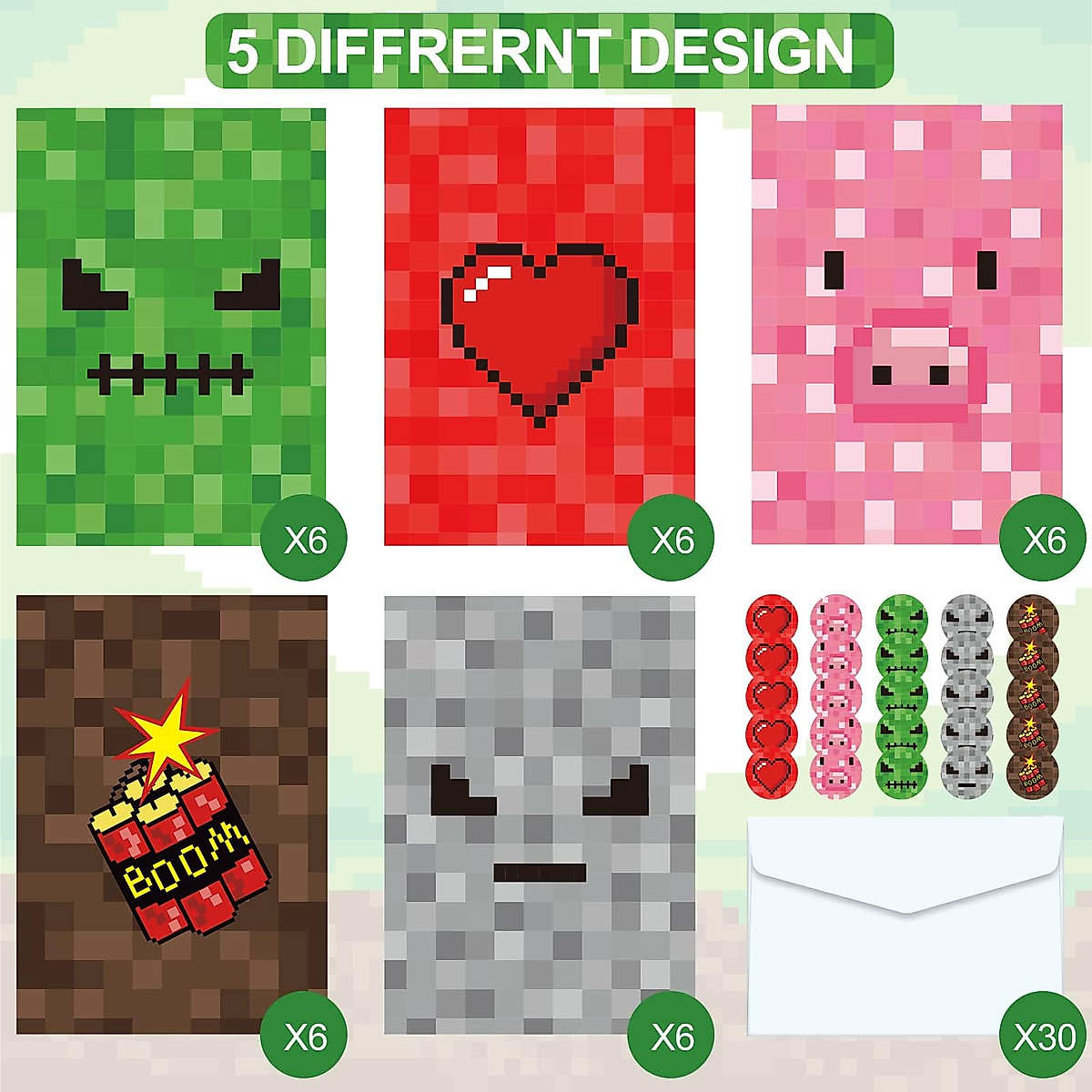 ZOIIWA Pixel Party Invitations with Envelopes, 30 Pieces, Video Game Themed Birthday Party Decorations