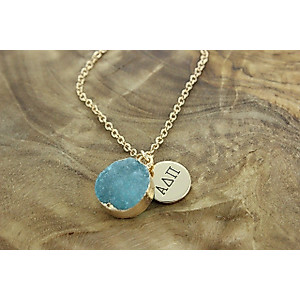 Sorority Shop ADP Necklace - Alpha Delta Pi Blue Druzy Gemstone Necklace With Engraved Pendant – 14K Gold Dipped Jewelry with Blue Gemstone – Sorority Gift, Charm Paraphernalia