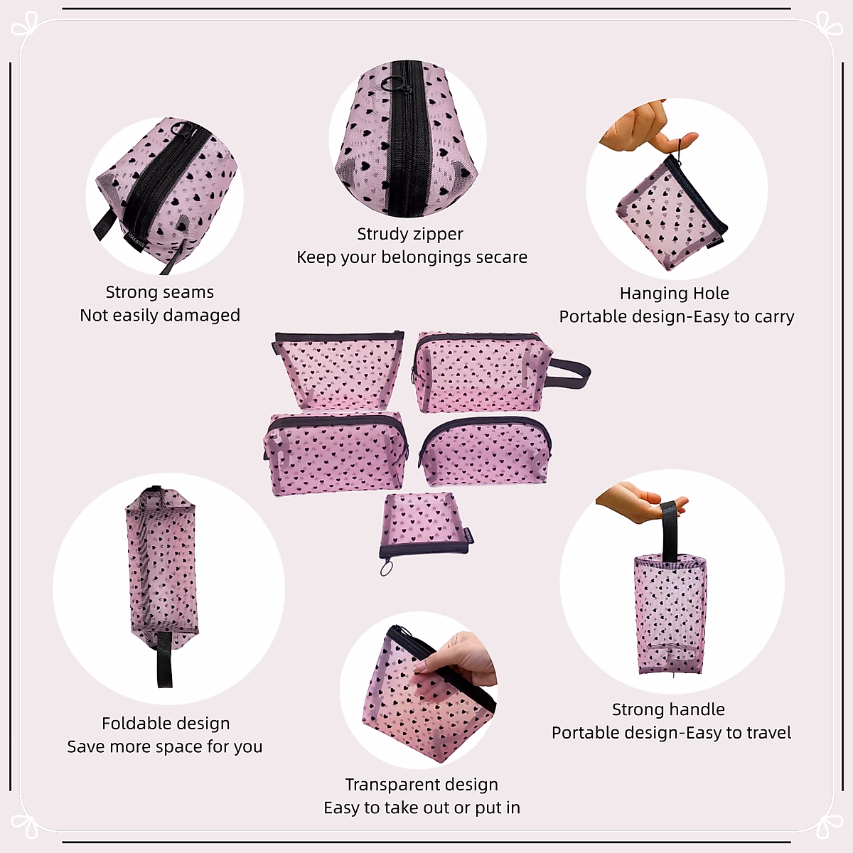 TRAKWAN 5 Pieces Mesh Heart Makeup Bags Sets, Zipper Mesh Cosmetic Bag Toiletry Bag, Travel Makeup Bags for Women, Small Items Storage Organizer Bags for Home Office Travel (Pink)