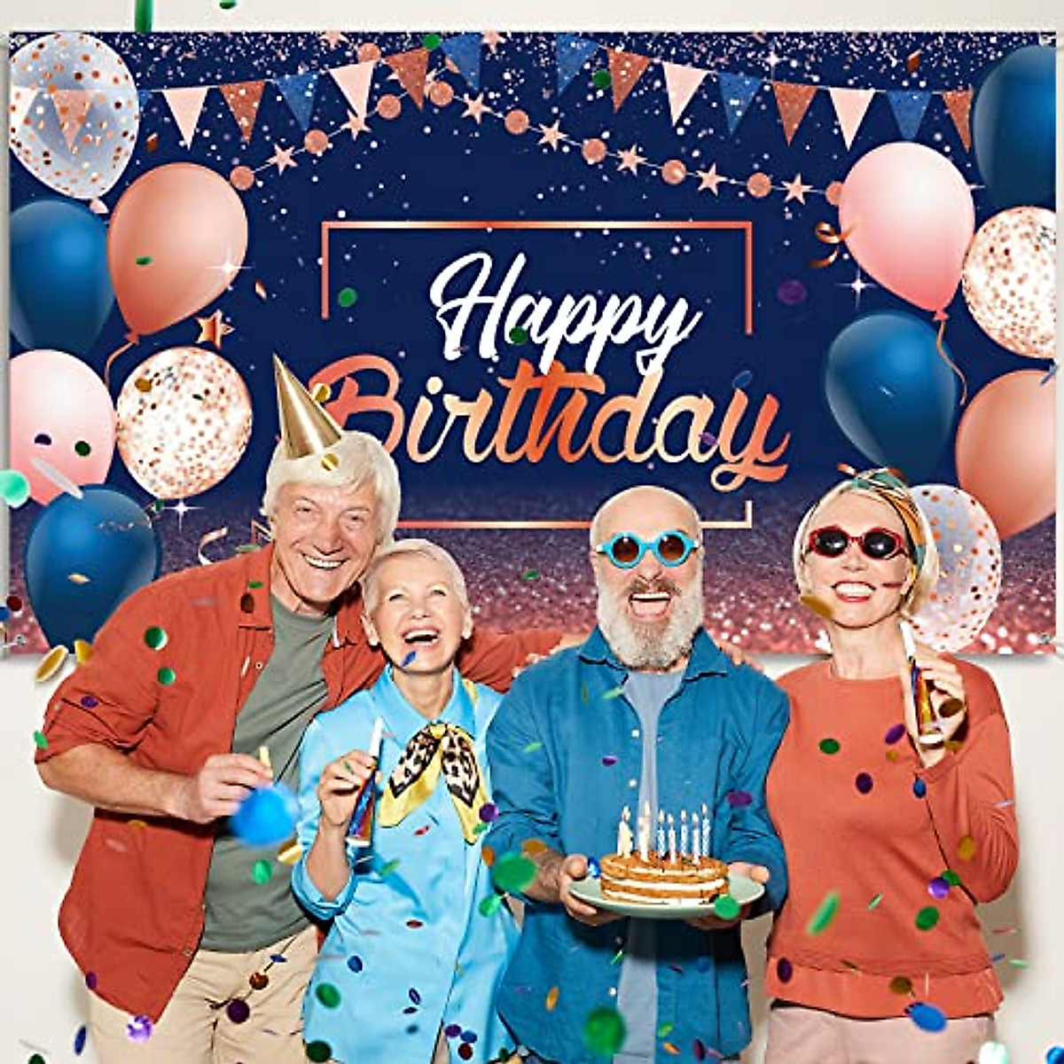 Happy Birthday Decorations Backdrop, Glitter Birthday Backdrop Sign, Happy Birthday Banner, Birthday Party Supplies Photo Background for Children Men Women, 72.8 x 43.3 Inch (Rose Gold and Navy Blue)
