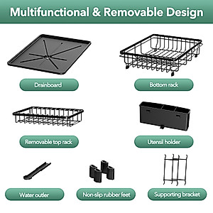 ROTTOGOON Large Dish Drying Rack, 2-Tier Stainless Steel Dish Racks for Kitchen Counter, Durable Dish Drainer with Drainboard, Drainage, Utensil Holder for Various Kitchenware, Black