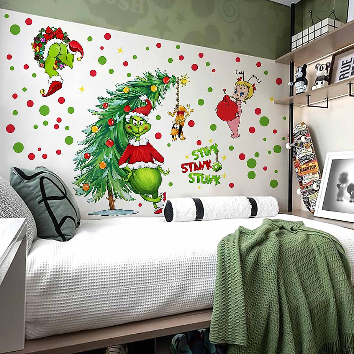 Christmas Wall Decals Stickers Self-Adhesive Winter Christmas Wall Stickers Holiday Xmas Wall Decals Cute Christmas Trees Green Monster Designs for Christmas Party Home Supplies Home Wall Decorations