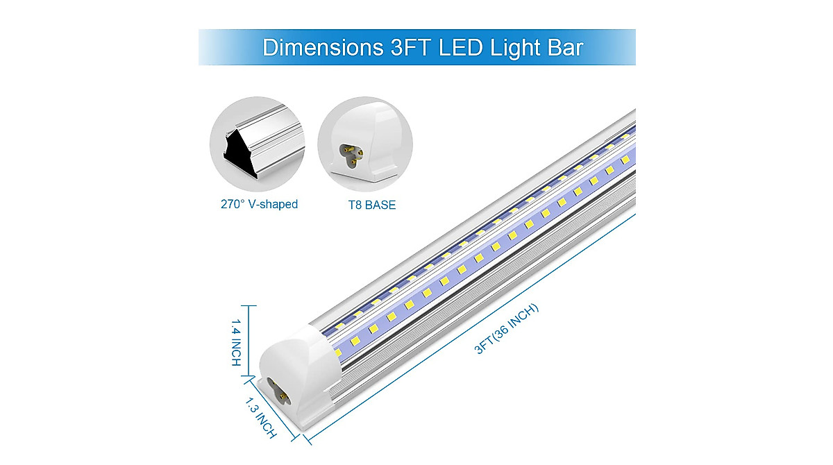 3FT LED Shop Light Fixture, 22W 2200LM 6000K, Cool White, V Shape ...