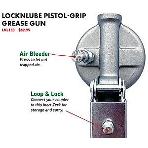 LockNLube Heavy-Duty Pistol Grip Grease Gun. Includes our patented LockNLube® Grease Coupler (Locks On, Stays On, Won't Leak!) plus a high-quality 20" hose and in-line hose swivel