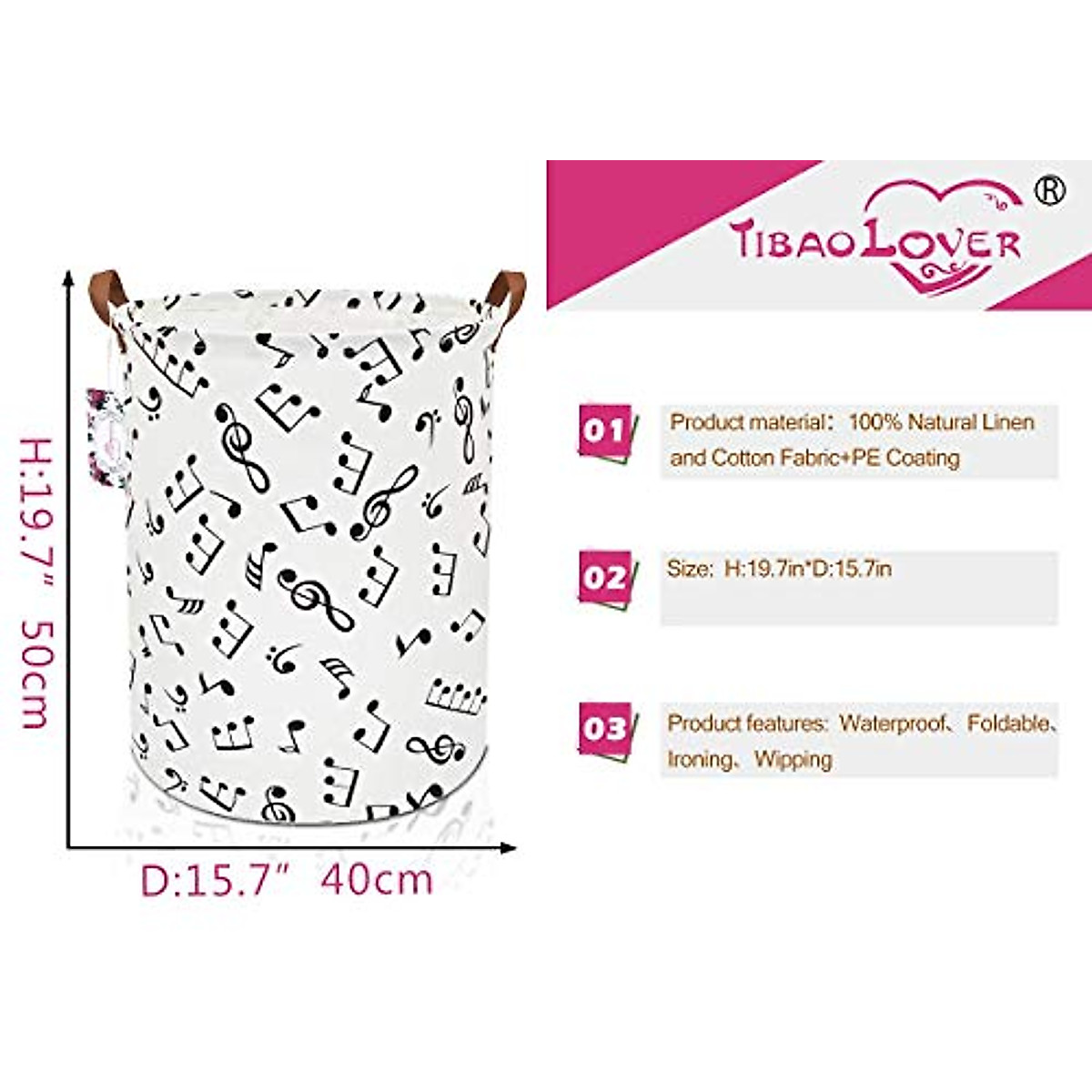 TIBAOLOVER 19.7" Large Sized Waterproof Foldable Canvas Laundry Hamper Bucket with Handles for Storage Bin,Kids Room,Home Organizer,Nursery Storage,Baby Hamper (Musical Note)