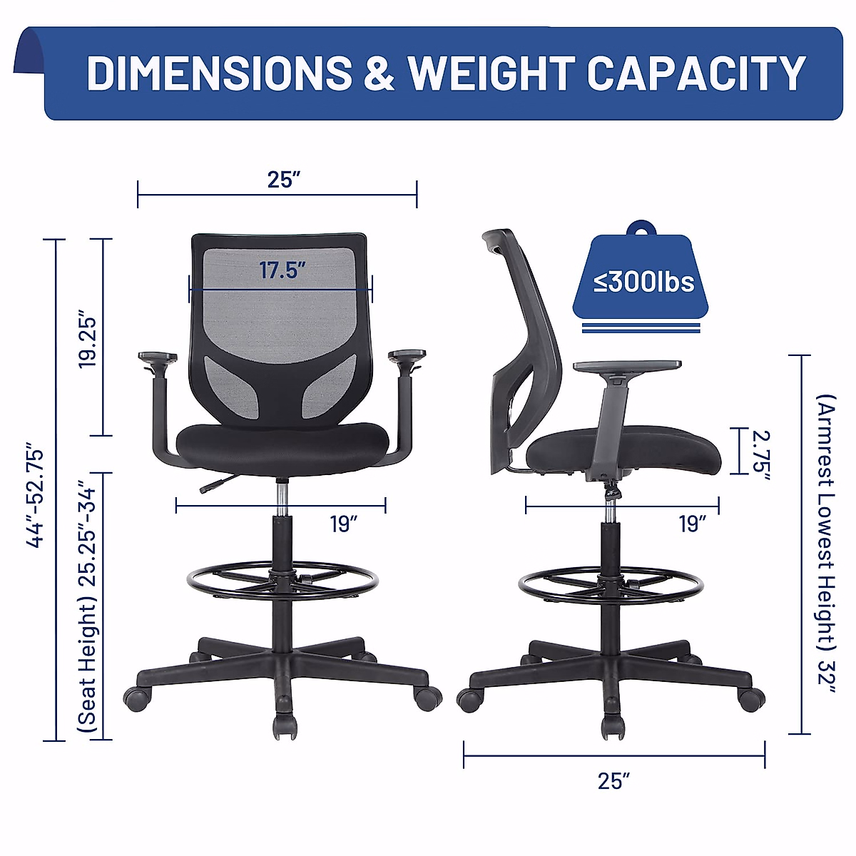 ZUNMOS Tall Office, Drafting High, Ergonomic Mesh Computer Task Table Chairs with Adjustable Armrests and Foot-Ring for Standing Bar Height Desk, Black