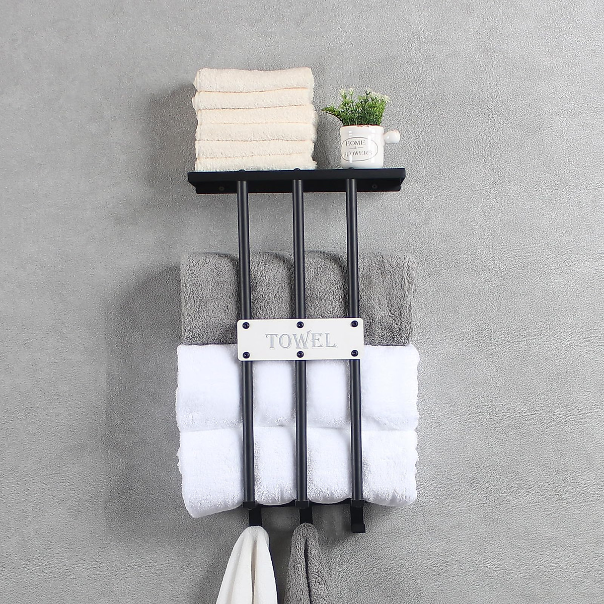 Bathroom Towel Storage Rack, Towel Racks for Bathroom Wall Mounted 22 inch with Shelf Can Holds 4 Large Towels, Wall Towel Rack for Rolled Towels, Black