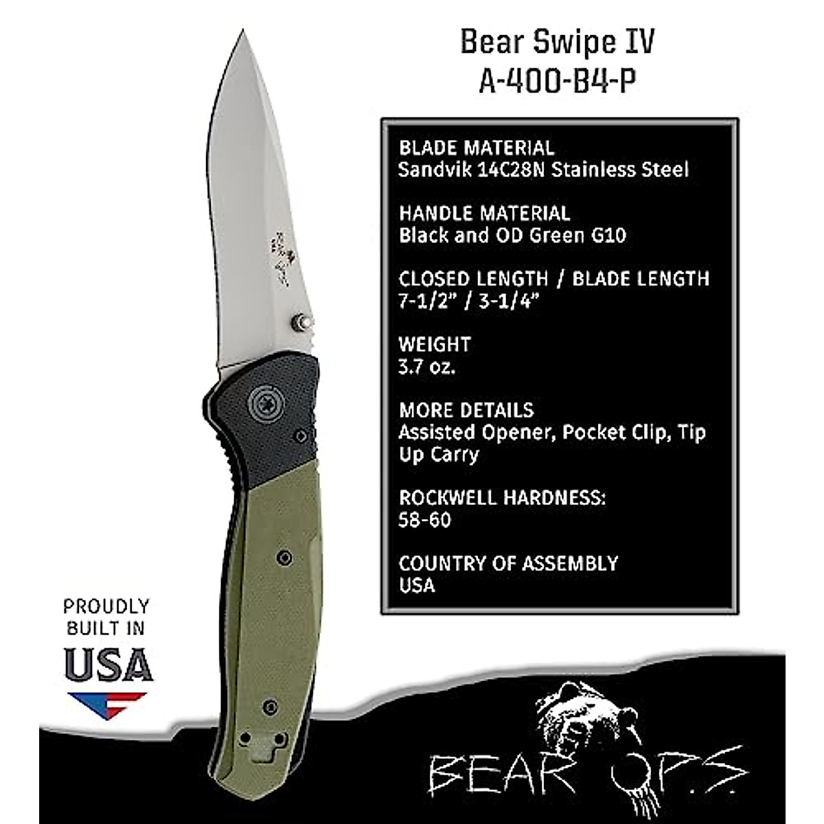 Bear OPS Bear Swipe IV, 3-1/4-inch Blade, 14C28N Sandvik Stainless Steel, OD Green G10 Handle, Assisted Opening with Reversible Pocket Clip (A-400-B4-P)