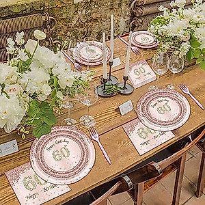 96PCS 60th Birthday Party Tableware Set 60th Birthday Party Supplies 60th Birthday Plates and Napkins 60th Birthday Party Decorations for Women Pink Rose Gold Birthday Plates Napkins Forks Serve 24