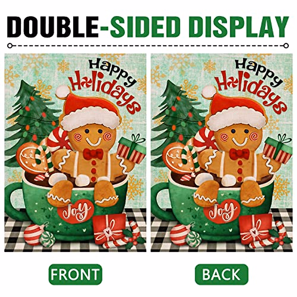 Dyreson Merry Christmas Joy Coffee Gingerbread Man Decorative Garden Flag, Xmas Happy Holiday Buffalo Plaid Check Yard Outside Decorations, Winter Farmhouse Outdoor Small Decor 12x18