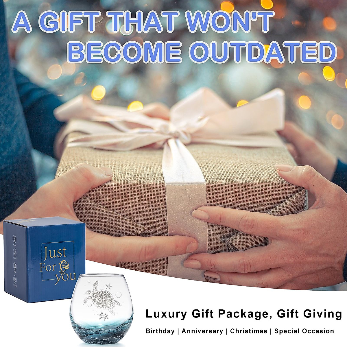 Sea Turtle Stemless Wine Glass, 19 Oz Ideal Unique Ocean Coastal Beach Gifts for Sea Turtle Lovers, Birthday Mother's Day Gifts for Party Women Man Mom Friends Co-worker (Crackle Teal)