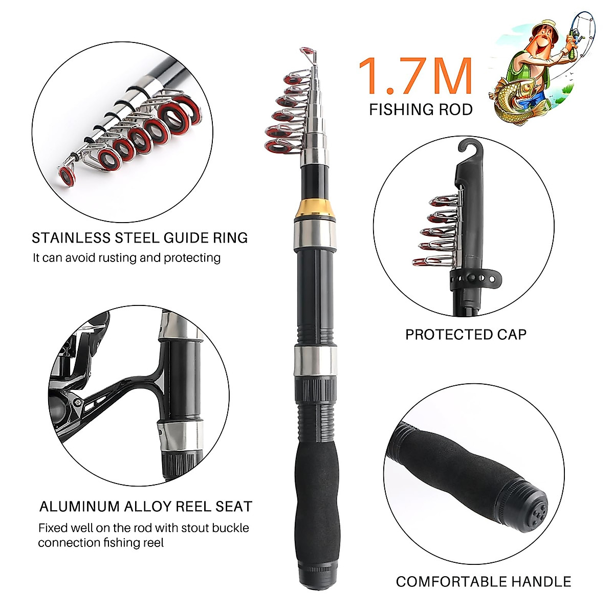 Telescopic Fishing Rod Reel Full Kit Fishing Line Lures for Beginner All-in-One 1.7M/5.58FT Light-Weight Fishing Rod+Spinning Reel+Line+Lures Set+Carry Bag for Kids Youth Outdoor Travel Bass Trout