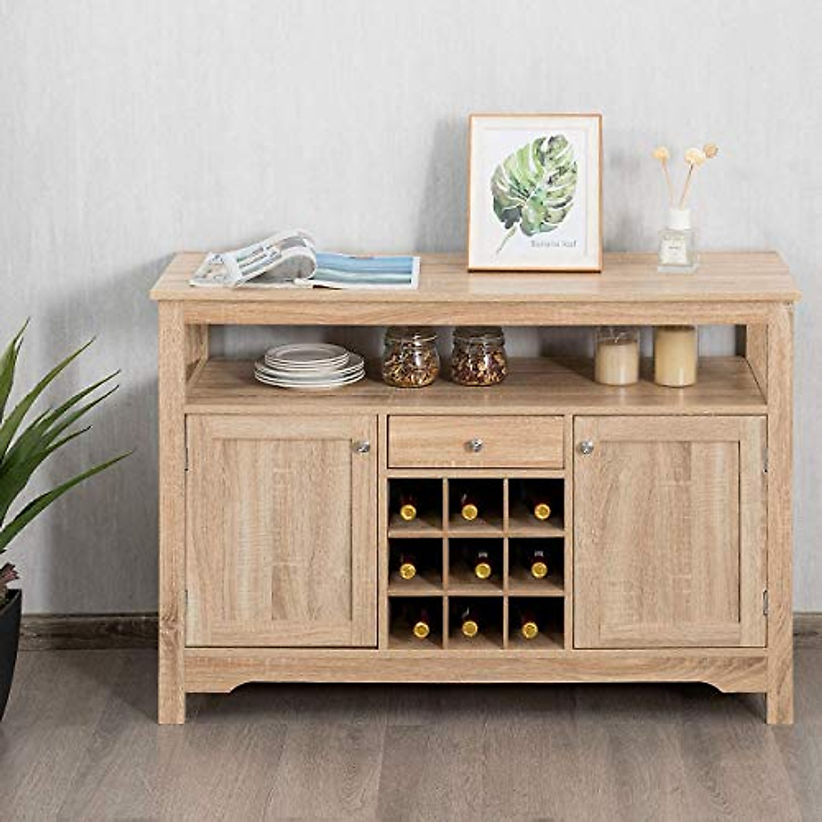 ReunionG Buffet Sideboard, Wine Console Table, Wooden Kitchen Organizer w/2 Cabinets, 1 Drawer and 9 Wine Cabinets, Farmhouse Storage Cupboard, Wine Rack, Server Table, Dining Room Furniture (Natural)