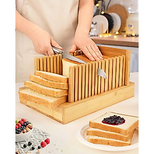 Lorzon Bamboo Bread Slicer with Bread Knife, Bread Cutting Guide with Storage Bag, Compact Bread Slicing Guide for Homemade Bread [Patent Pending]