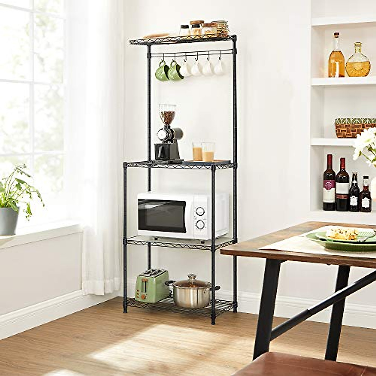 SONGMICS Kitchen Baker’s Rack, Adjustable Microwave Stand, Space-Saving Storage Rack with 4 Shelves 6 Hooks, for Pots, Pans, Spice Bottles, in the Kitchen, Apartment, Studio, Black ULGR040B01