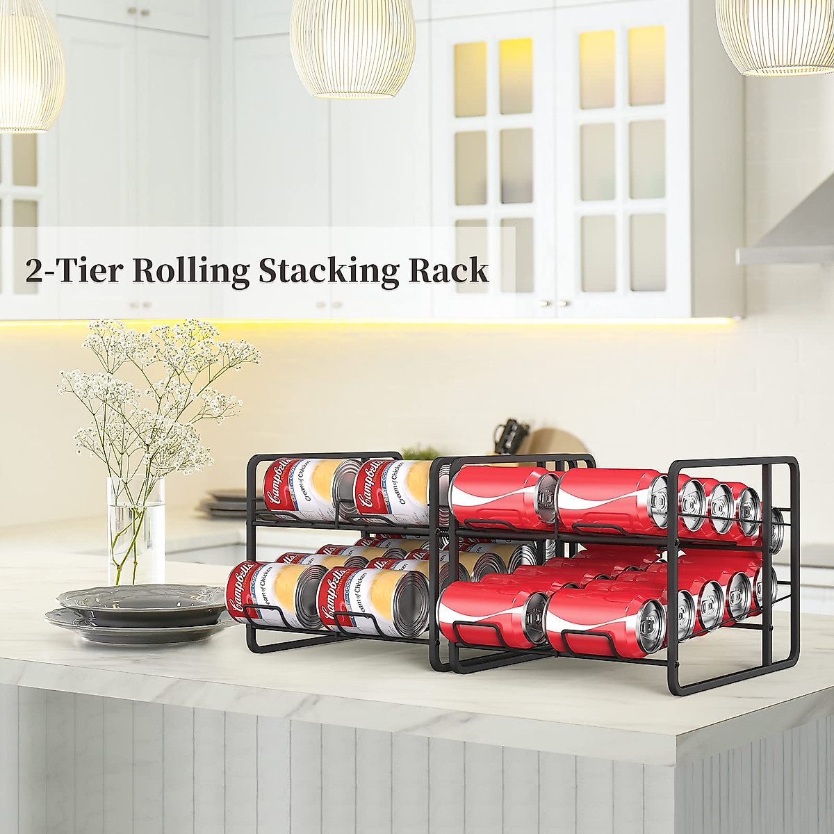CASAVIDA 2-Tier Fridge Soda Can Organizer, Stackable Beverage Can Rack Dispenser Rolling Food Can Organizer Holder for Pantry Refrigerator Cabinet, Black