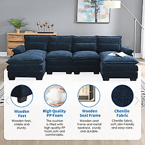 Tmsan 109.8" Sectional Sofa Cloud Couch for Living Room, Modern U Shaped Modular Sofa with Double Chaise Lounge, Large 4 Seater Chenille Sleeper Sofa for Apartment Office (Blue)