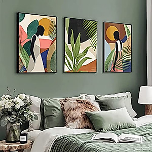 Abstract African American Wall Art Canvas Painting Black Woman and Green Plant Wall Art Pictures Set of 3 Nordic Wall Art Posters and Prints Pictures Wall for Living Room Decoration Unframed