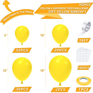 NISOCY Yellow Latex Balloon Arch Kit, 102PCS 18In 12In 10In 5In Yellow Balloons Arch Garland for Birthday, Baby Shower, Wedding, Sunflower, Honeybee Lemon,Yellow Theme Decoration with 33ft Ribbon